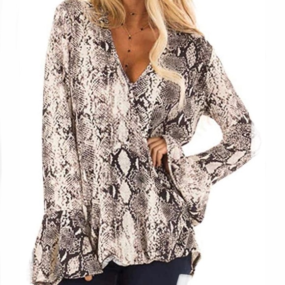 HYFVE | Tops | Snake Print Wrap Blouse Bell Sleeve Black White | Poshmark